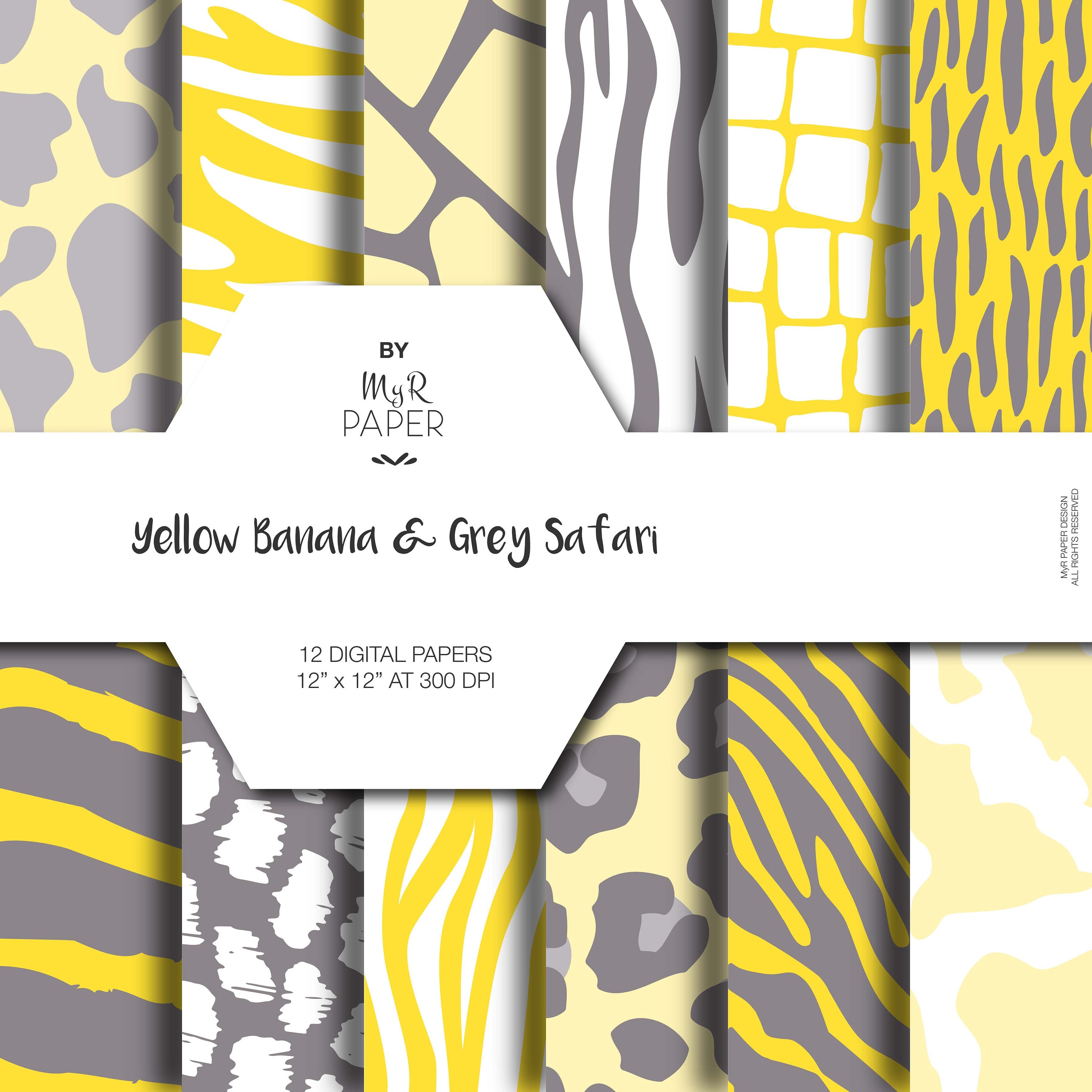 Animal Digital Paper: yellow Banana & Grey Safari - Etsy