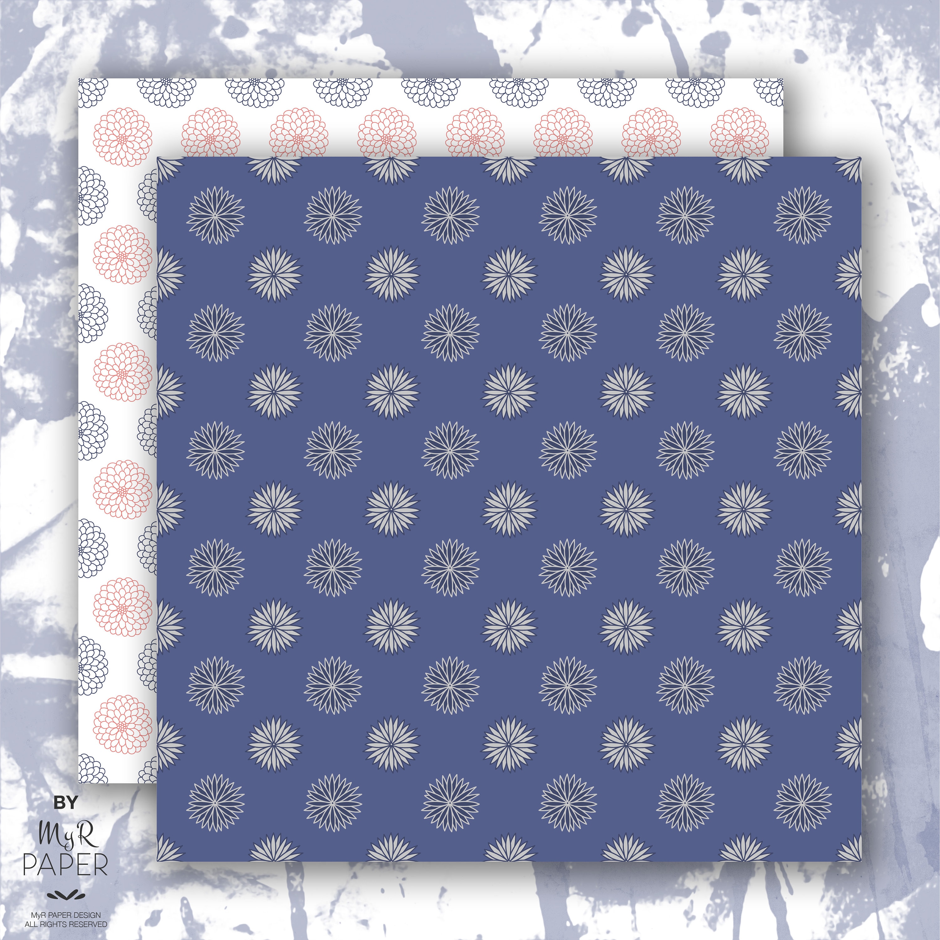 Floral digital paper: Coral & Blue Dahlias Scrapbook Paper Printable ...