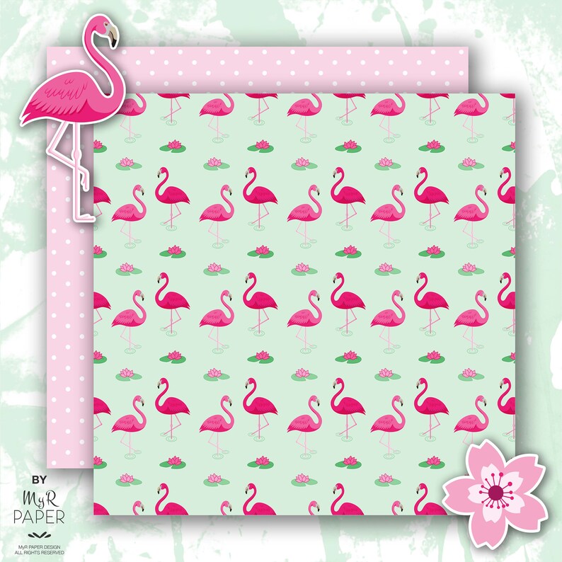 Flamingo Digital Paper 2 Clipart: pink & Green Tropical Backgrounds W ...