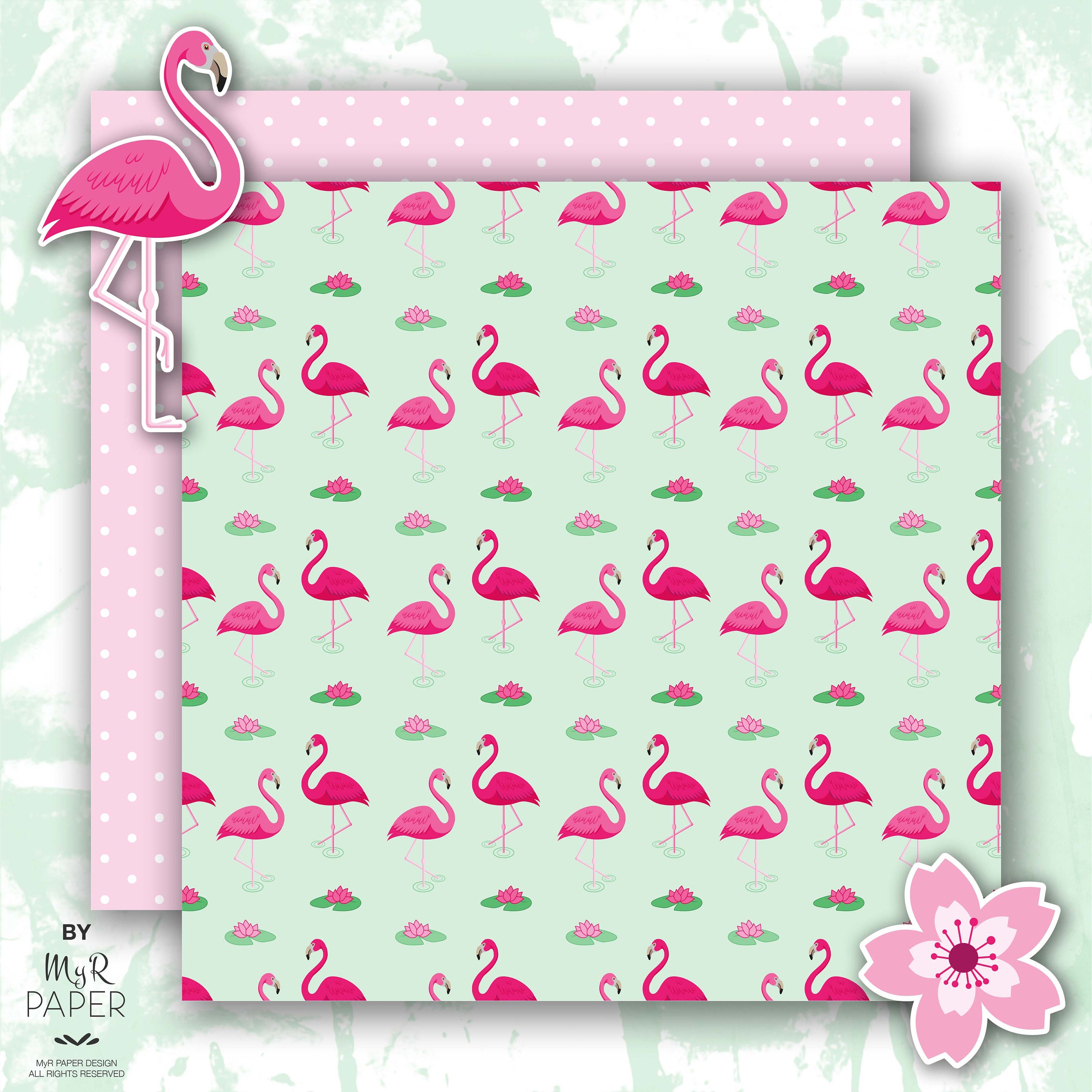 Flamingo Digital Paper 2 Clipart: pink & Green Tropical Backgrounds W ...