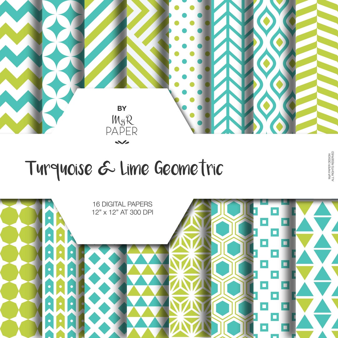 Geometric Digital Paper Pack: turquoise & Lime Geometric Patterns for ...
