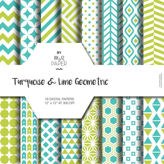 Geometric Digital Paper Pack: Turquoise & Lime | Etsy
