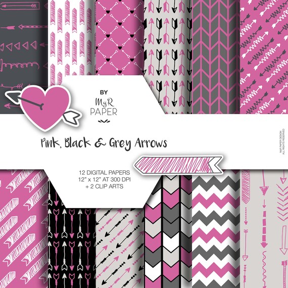 Arrow Digital Paper 2 ClipArt: Pink Black & Grey | Etsy
