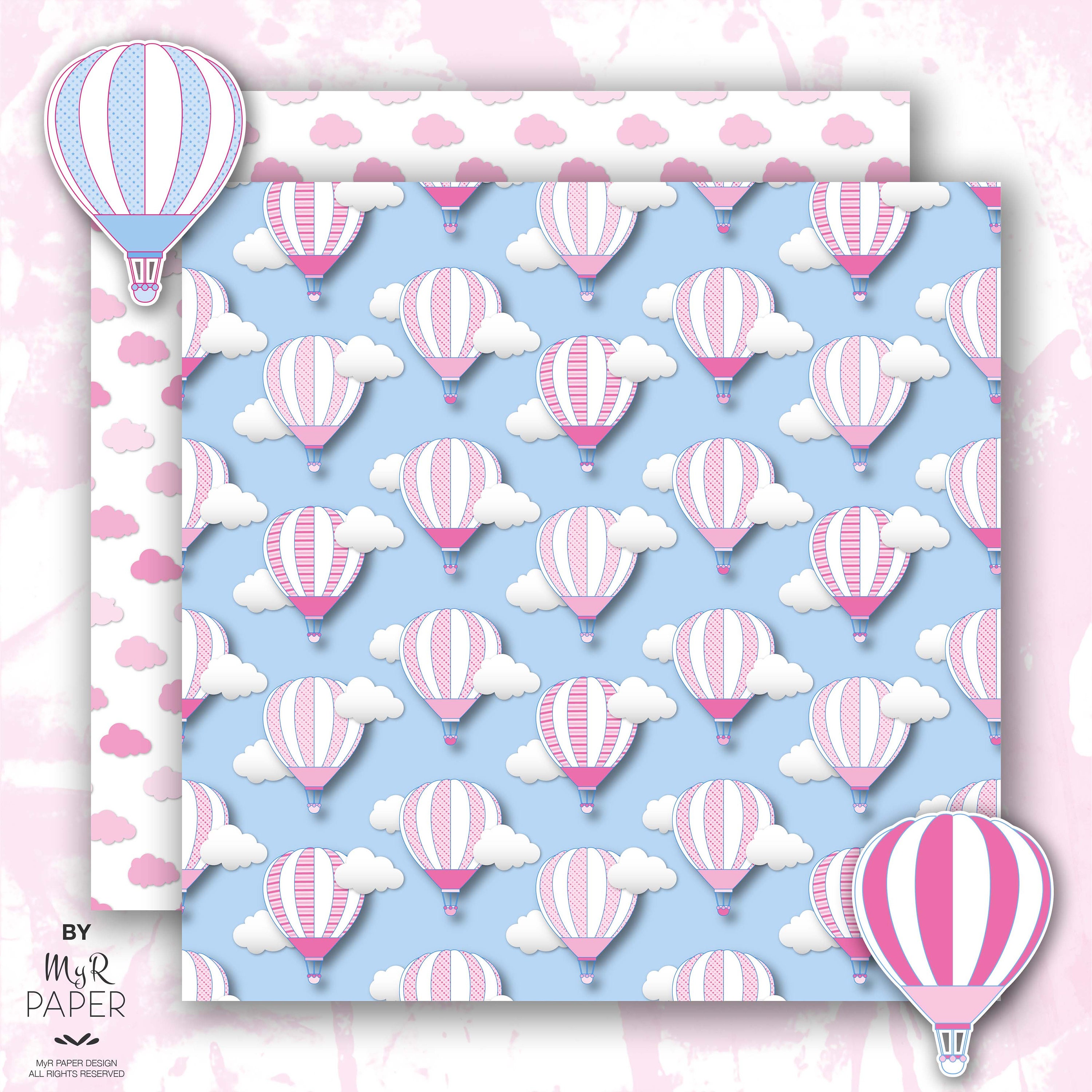 2 Clipart Hot Air Balloons Digital Paper: pink & Blue for Scrapbooking ...