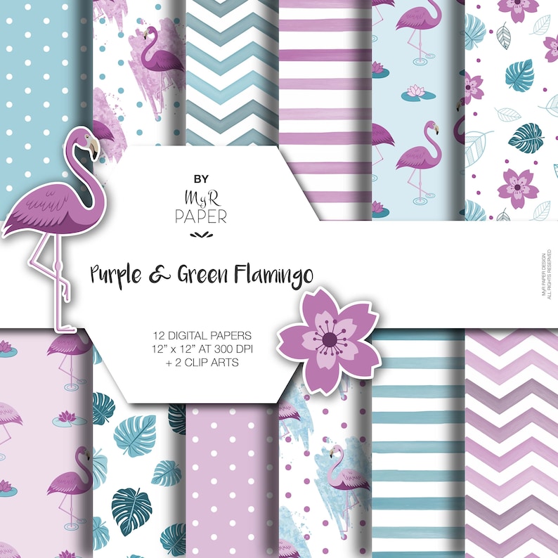 Flamingo Digital Paper 2 Clipart: purple & Green Tropical Backgrounds W ...