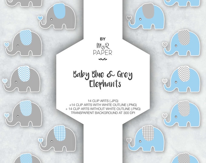 Blue Elephant Clip Art for Nursery, Baby Shower. Baby Boy Digital Paper ...