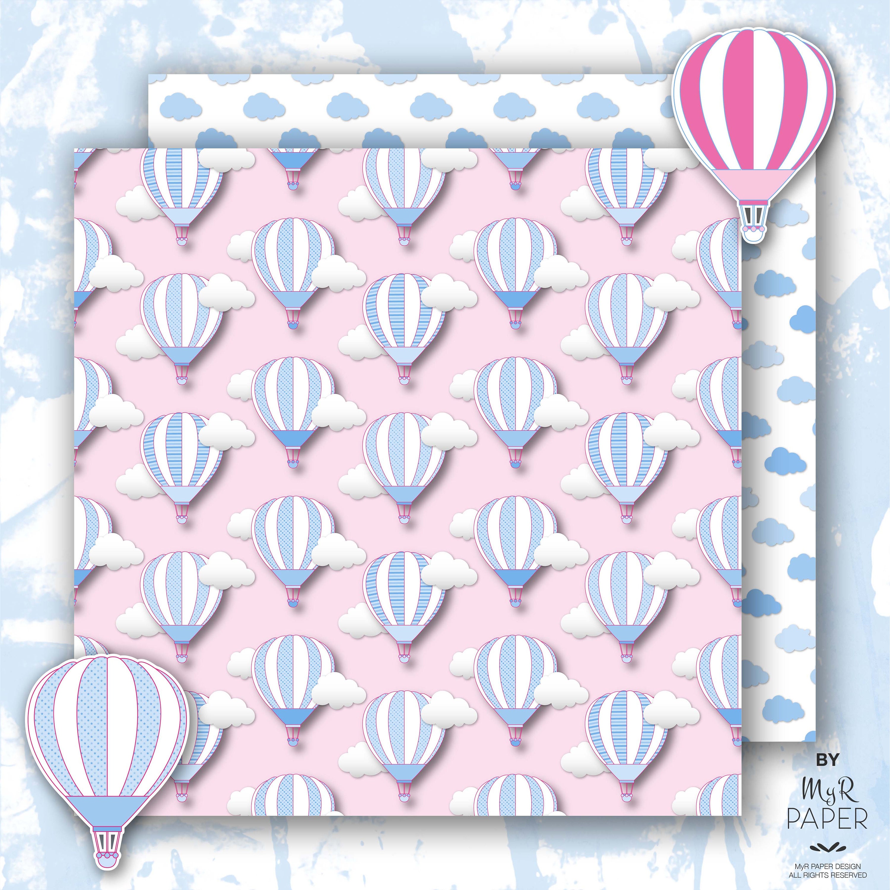 2 Clipart Hot Air Balloons Digital Paper: pink & Blue for Scrapbooking ...
