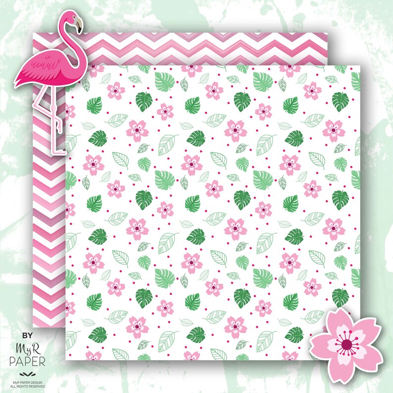 Flamingo Digital Paper 2 Clipart: pink & Green Tropical Backgrounds W ...