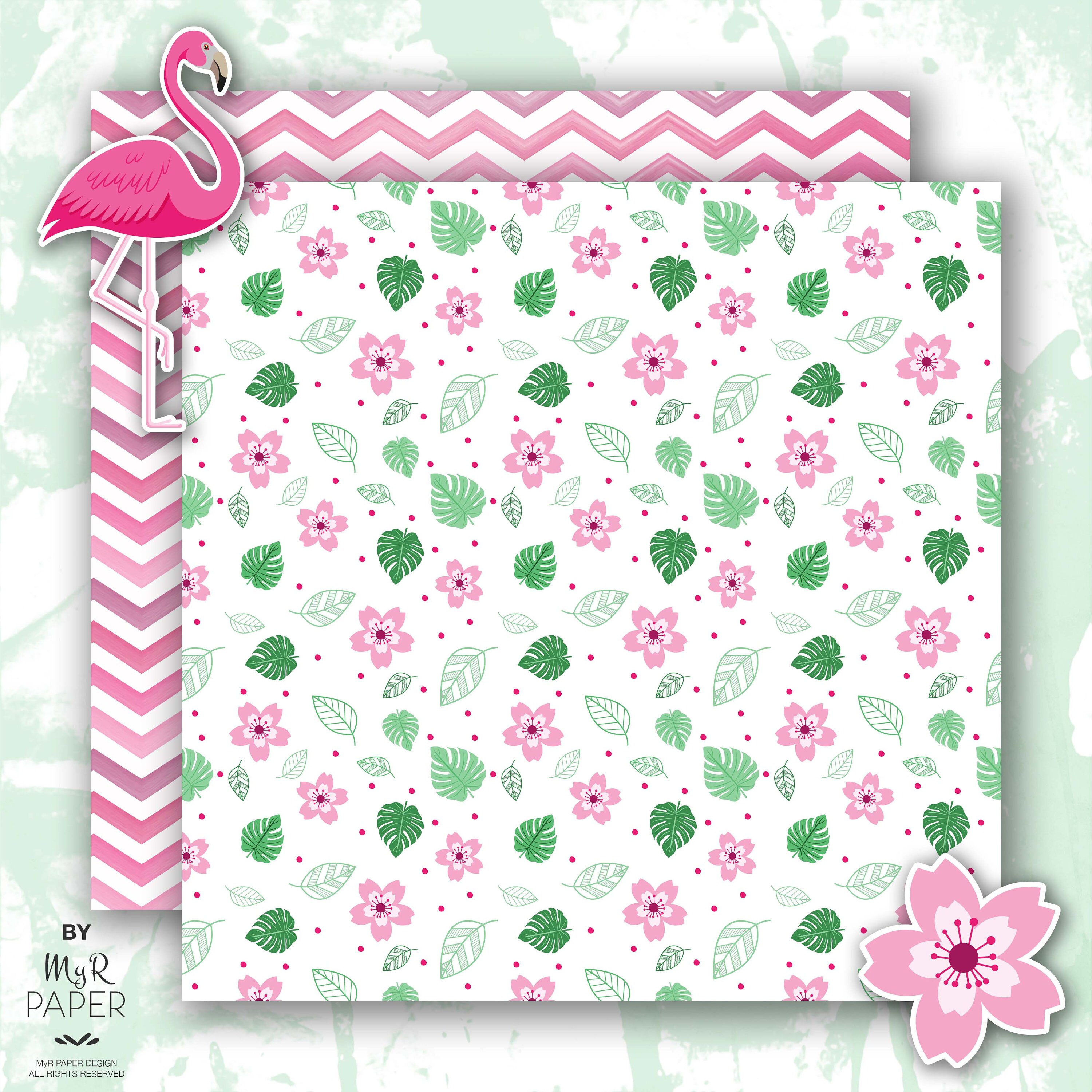 Flamingo Digital Paper 2 Clipart: pink & Green Tropical Backgrounds W ...