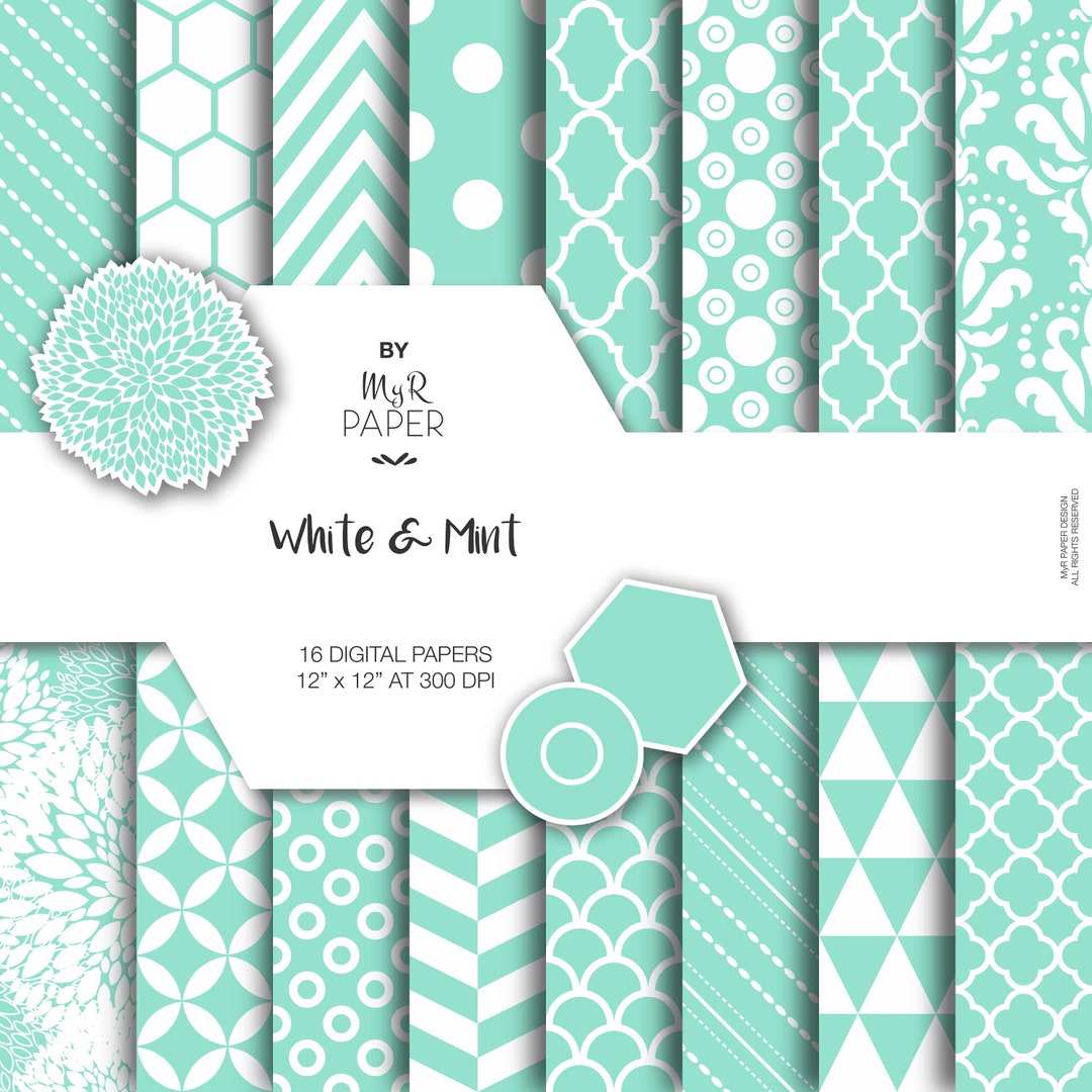 Mint Digital Paper: white & Mint Digital Paper Pack and Backgrounds ...