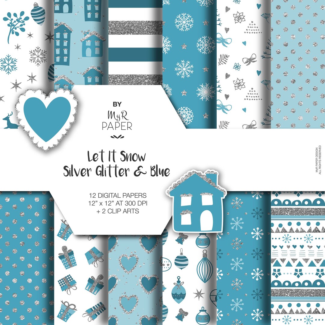 2 Clipart Christmas Digital Paper: Let It Snow Silver Glitter & Blue ...