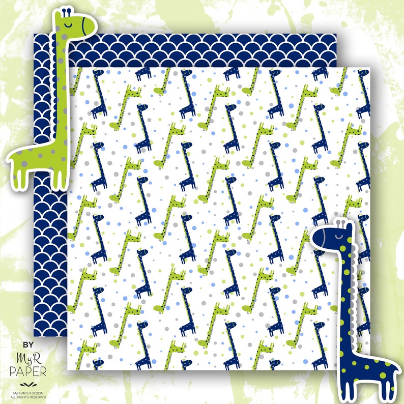 Giraffe digital paper: Navy & Lime giraffes pack - Etsy Italia