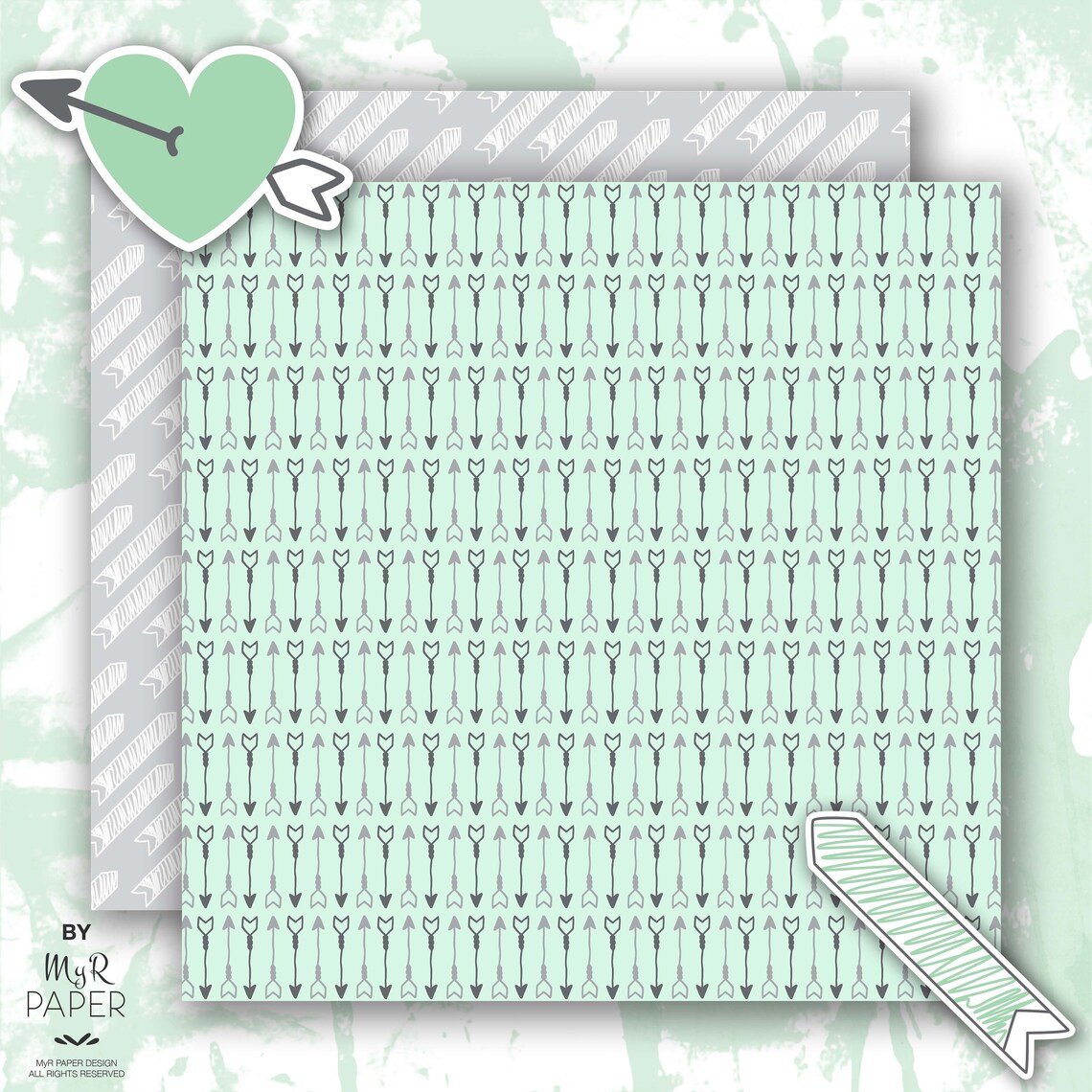 2 Clipart Arrow Digital Paper: gray & Mint Arrows Backgrounds in Light ...