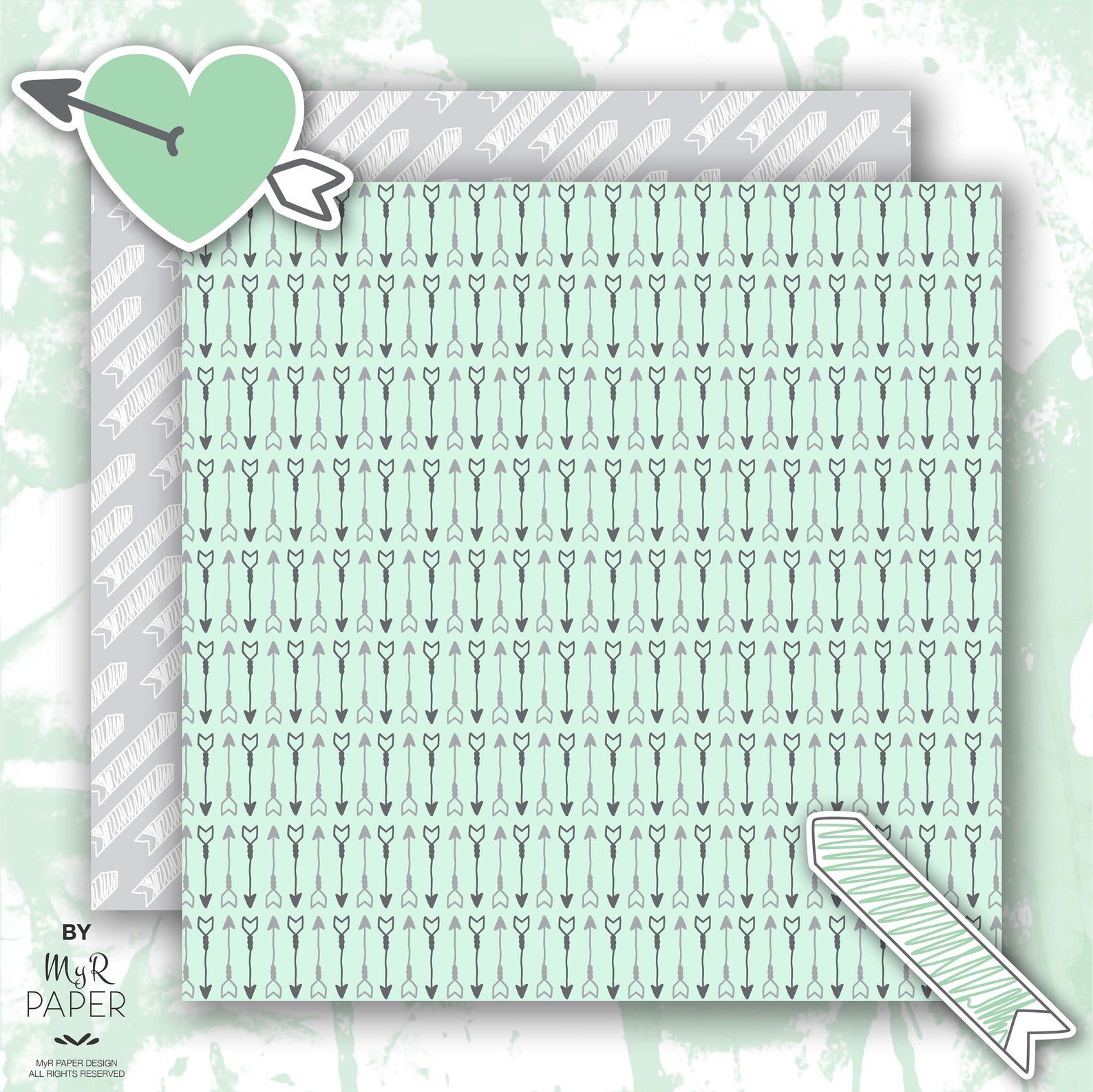2 Clipart Arrow Digital Paper: gray & Mint Arrows Backgrounds in Light ...