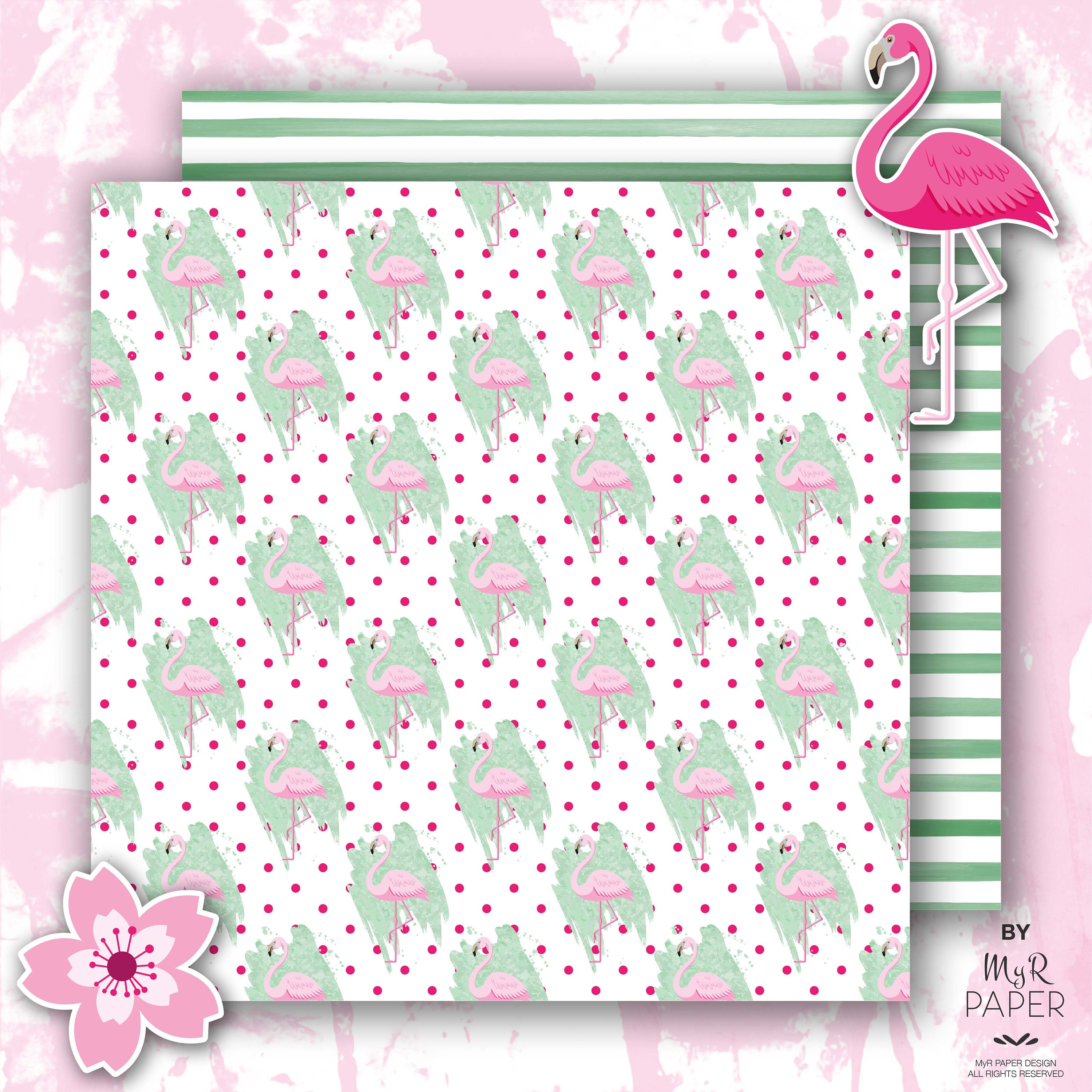 Flamingo Digital Paper 2 Clipart: pink & Green Tropical Backgrounds W ...