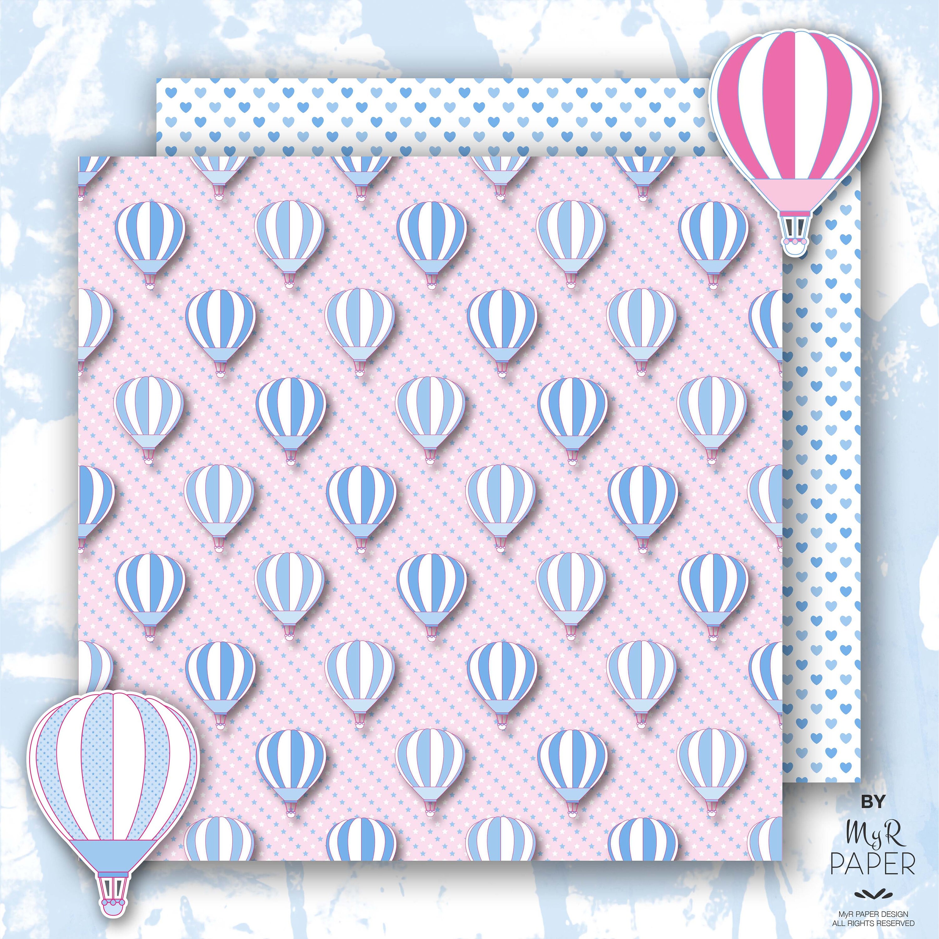 2 Clipart Hot Air Balloons Digital Paper: pink & Blue for Scrapbooking ...