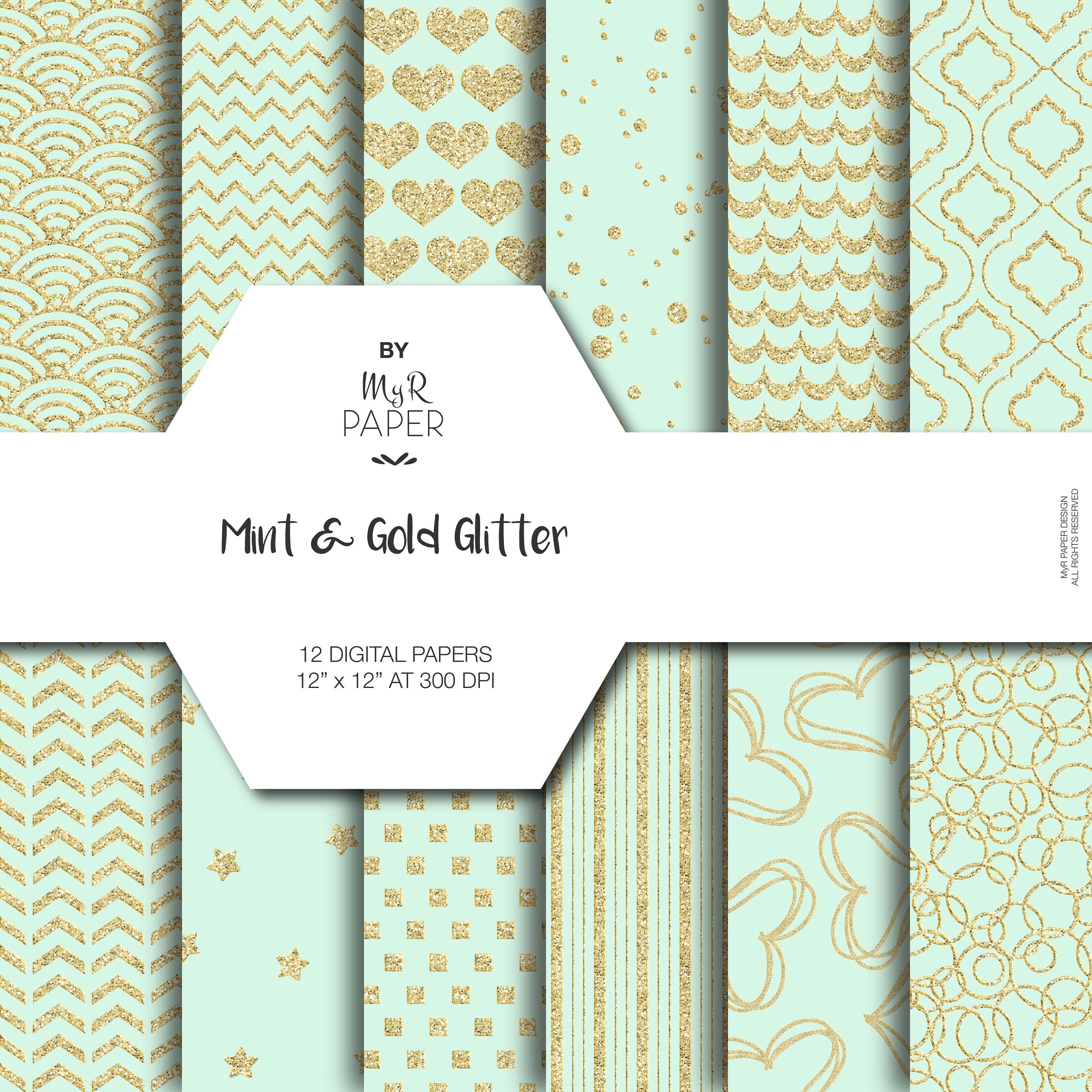 Gold Glitter Digital Paper: mint & Gold Glitter Glitter Paper Pack With ...