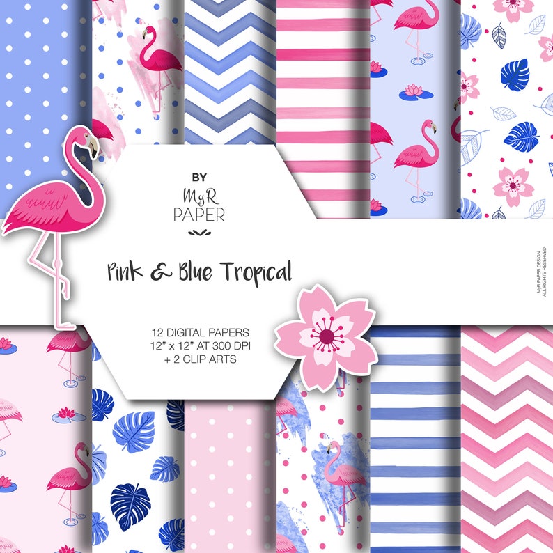 Flamingo Digital Paper 2 Clipart: pink & Blue Tropical Backgrounds W ...