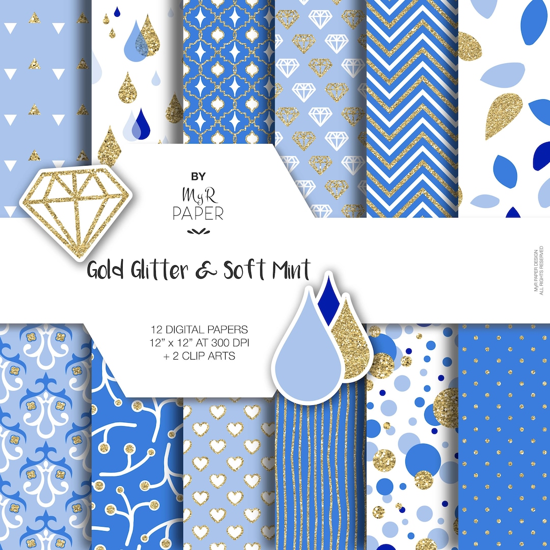 Light Blue Digital Paper + 2 Clipart: "gold & Shades of Blue" Gold ...