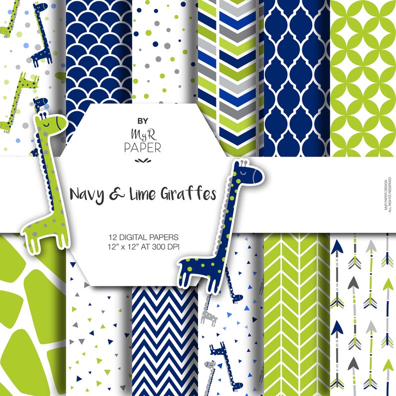 Giraffe digital paper: Navy & Lime giraffes pack - Etsy Italia