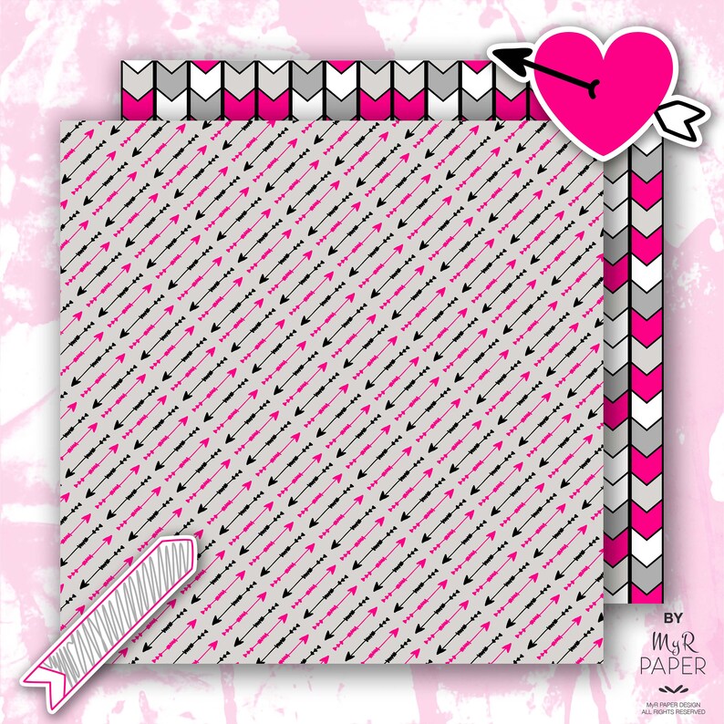 2 Clipart + Arrow Digital Paper: "black, Hot Pink & Grey Arrows ...
