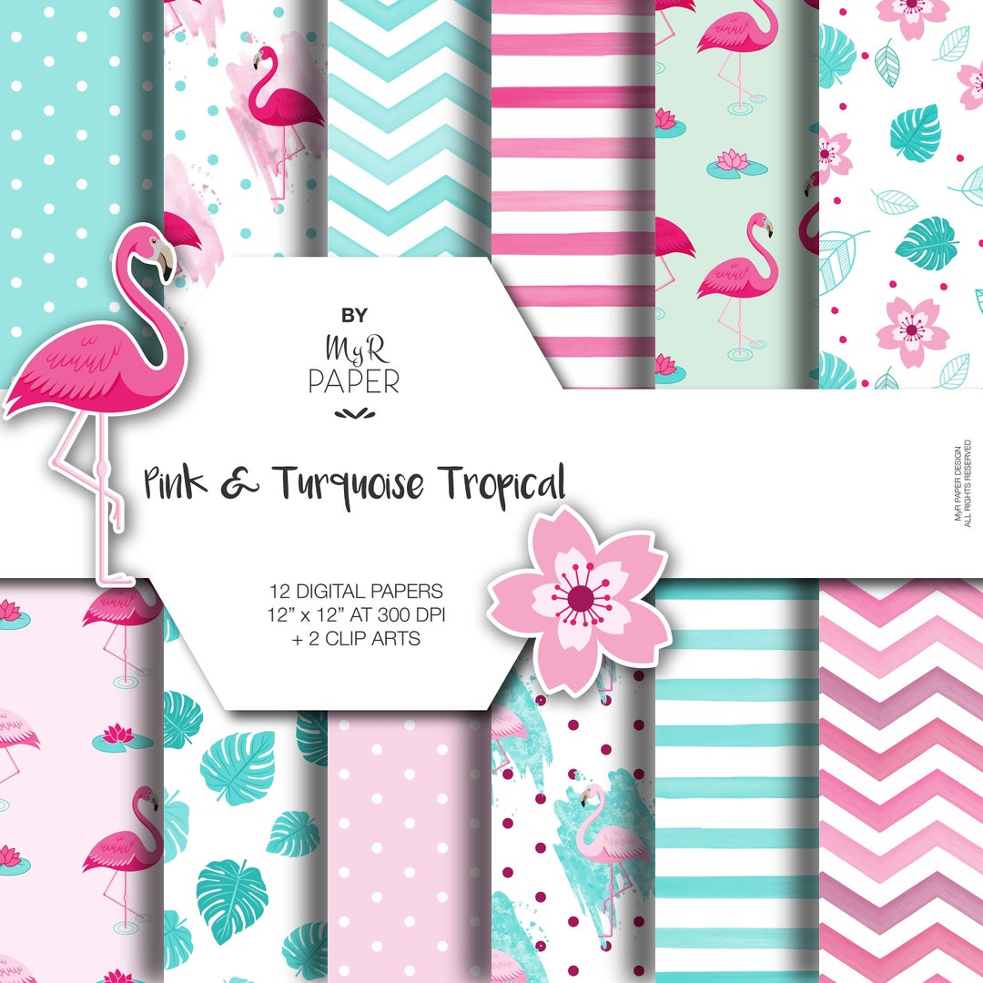 Flamingo Digital Paper 2 Clipart: pink & Turquoise Tropical Backgrounds ...