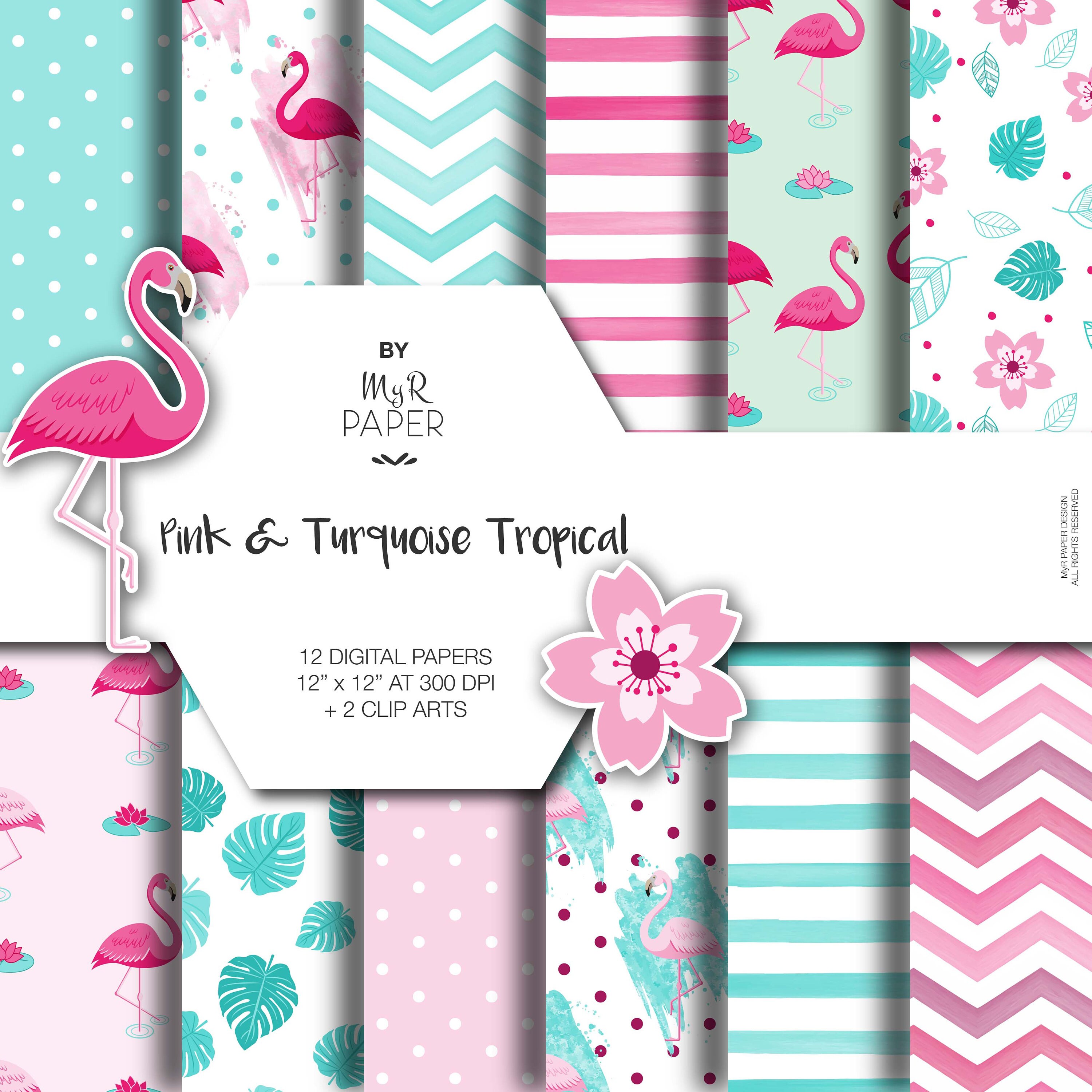 Flamingo Digital Paper 2 Clipart: pink & Turquoise Tropical Backgrounds ...