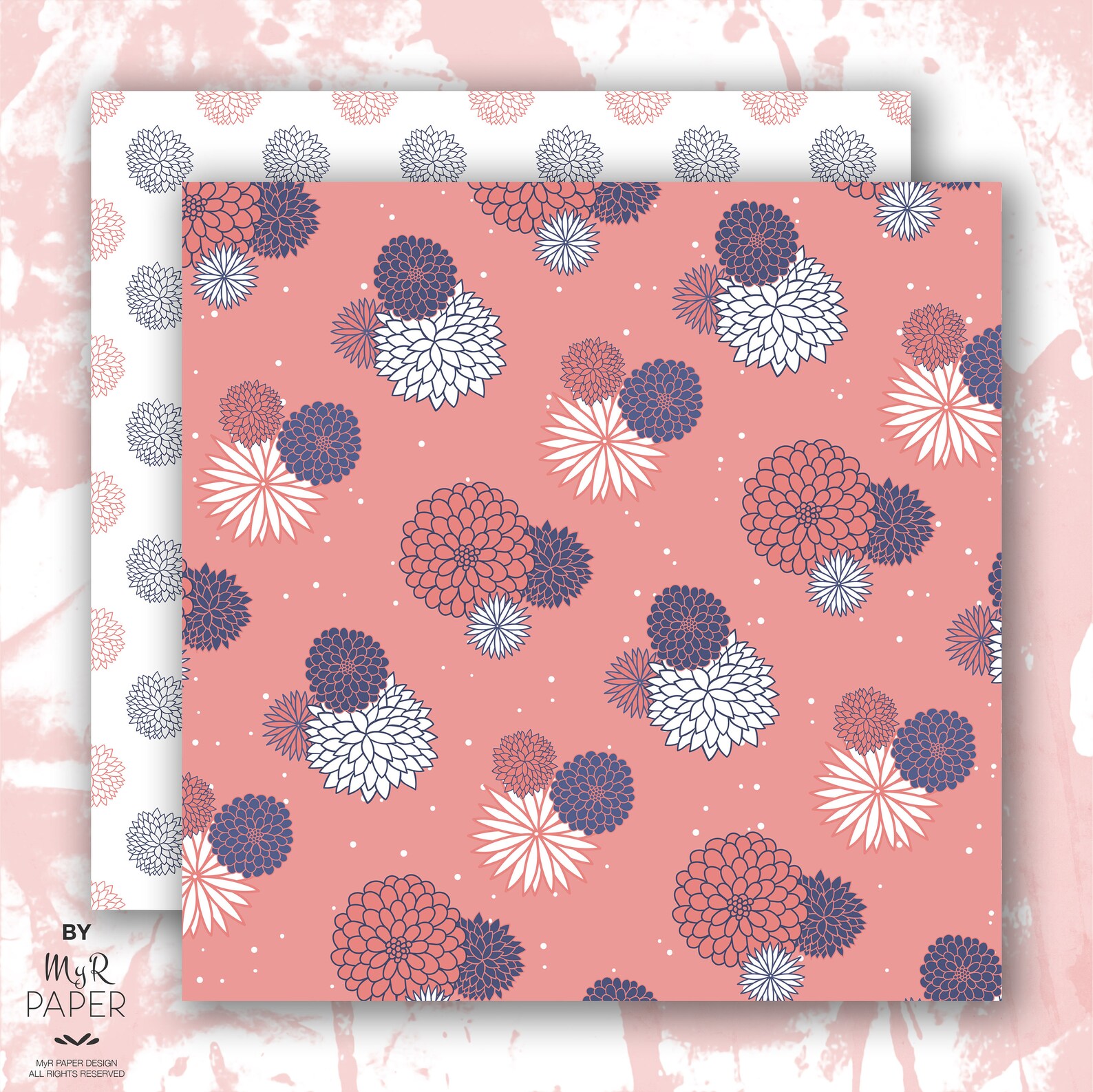 Floral digital paper: Coral & Blue Dahlias Scrapbook Paper Printable ...