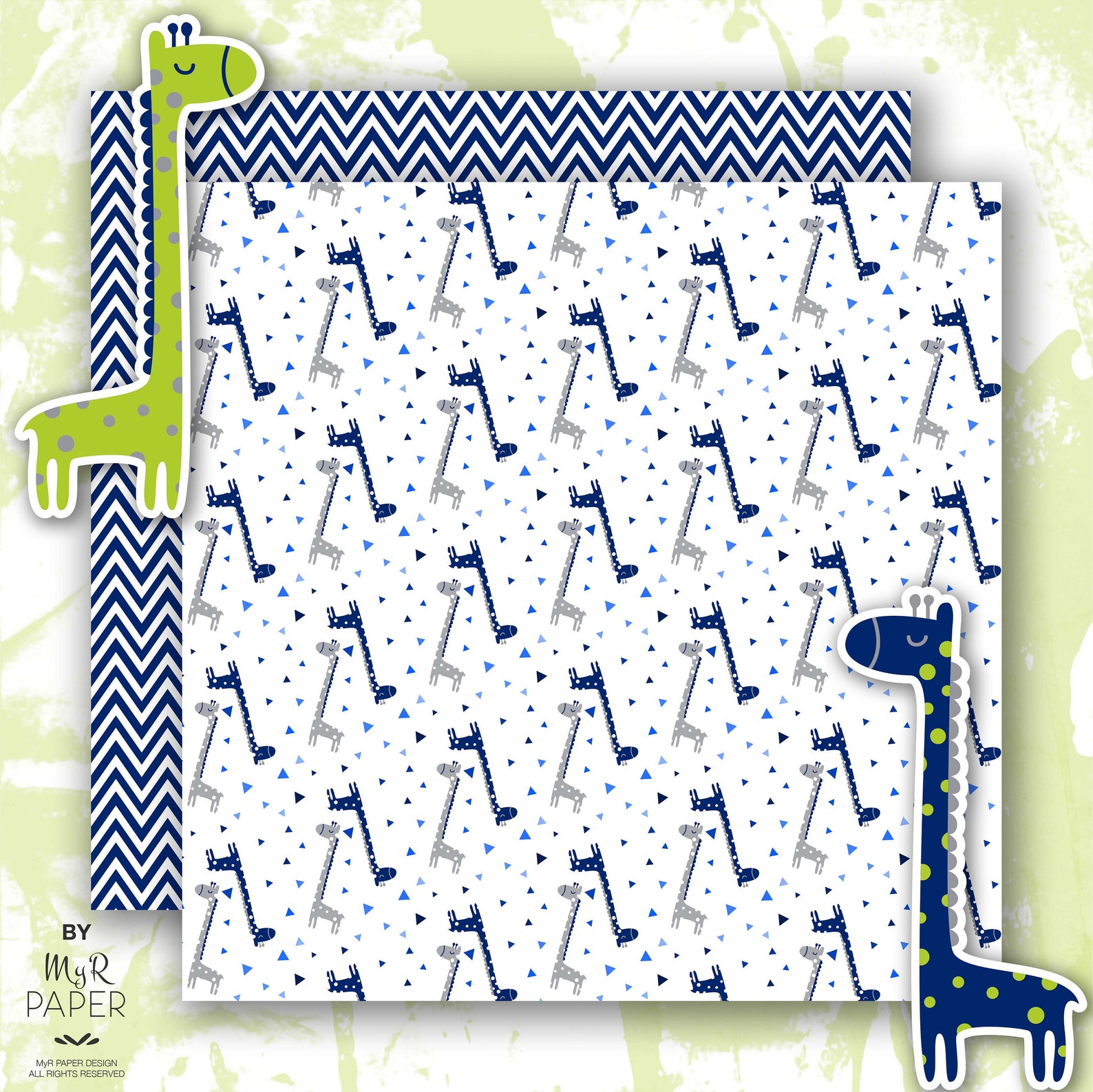 Giraffe digital paper: Navy & Lime giraffes pack - Etsy Italia