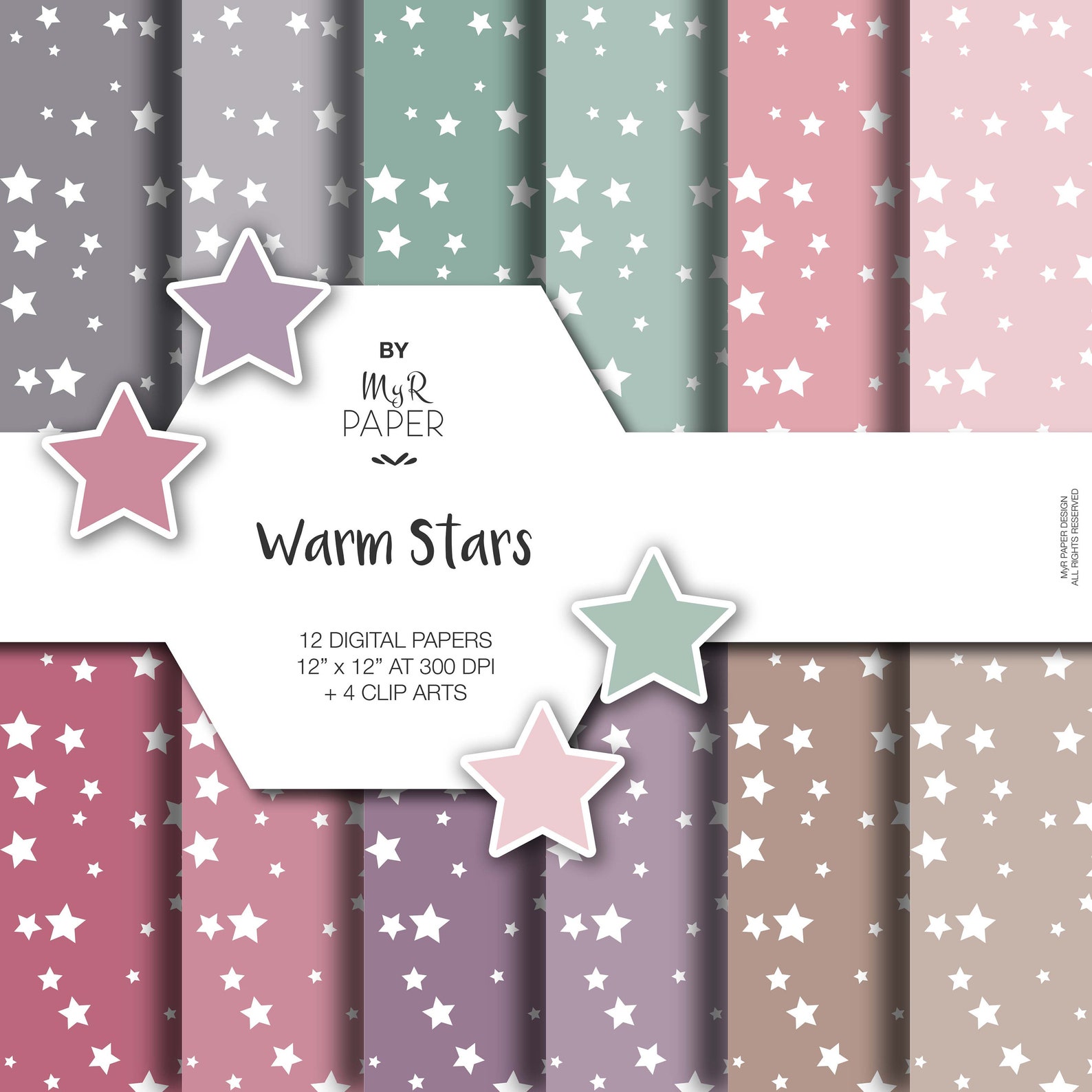 4 Clipart + Star Digital Paper Pack: "warm Stars" - Printable ...