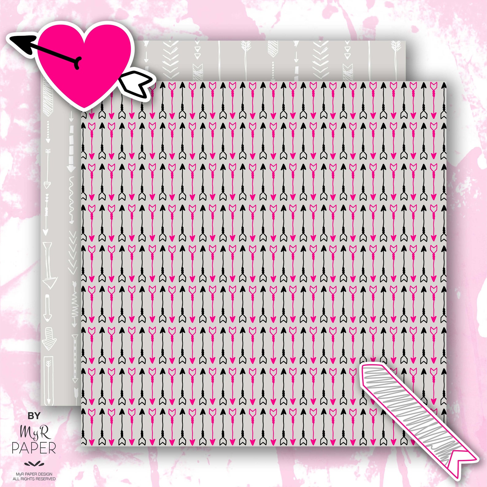 2 Clipart Arrow Digital Paper: black, Hot Pink & Grey Arrows Digital ...