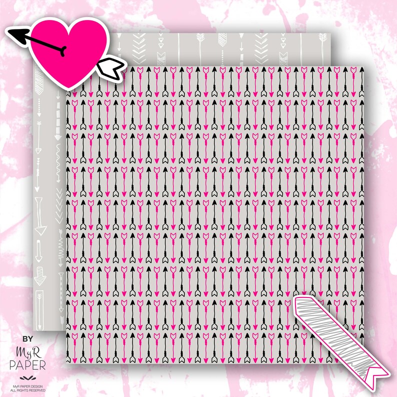 2 Clipart + Arrow Digital Paper: "black, Hot Pink & Grey Arrows ...