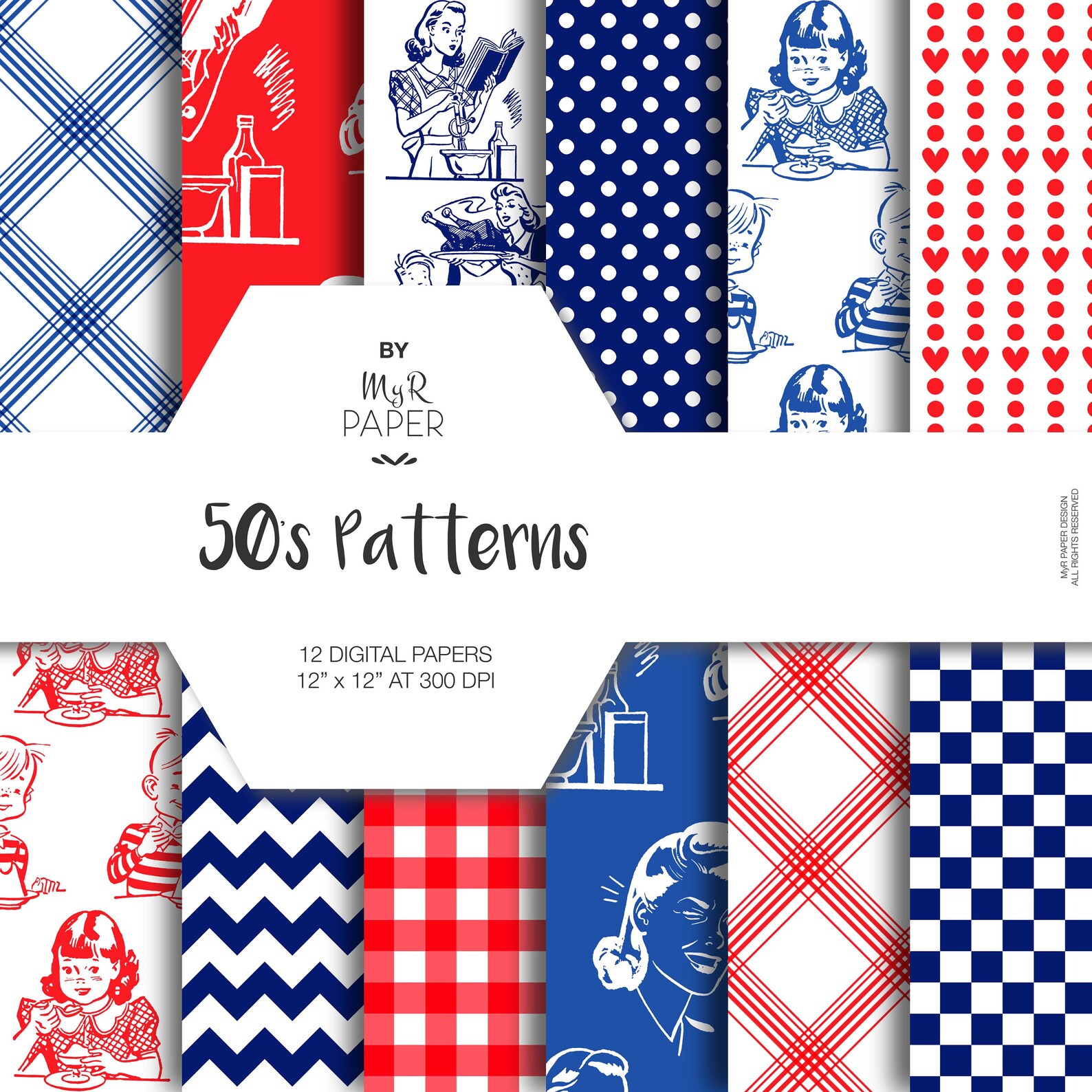Digital Paper: 50's Patterns Paper Pack & Backgrounds With Polka Dots ...