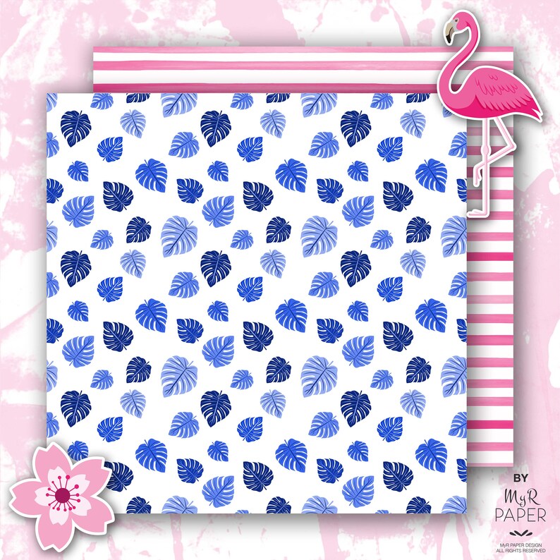 Flamingo Digital Paper 2 Clipart: pink & Blue Tropical Backgrounds W ...