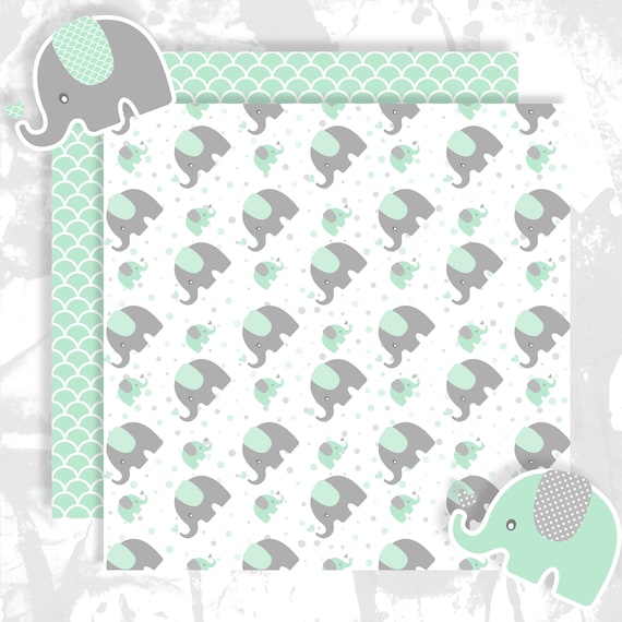 Elephant digital paper perfect for Baby Shower Mint & Gray elephants ...