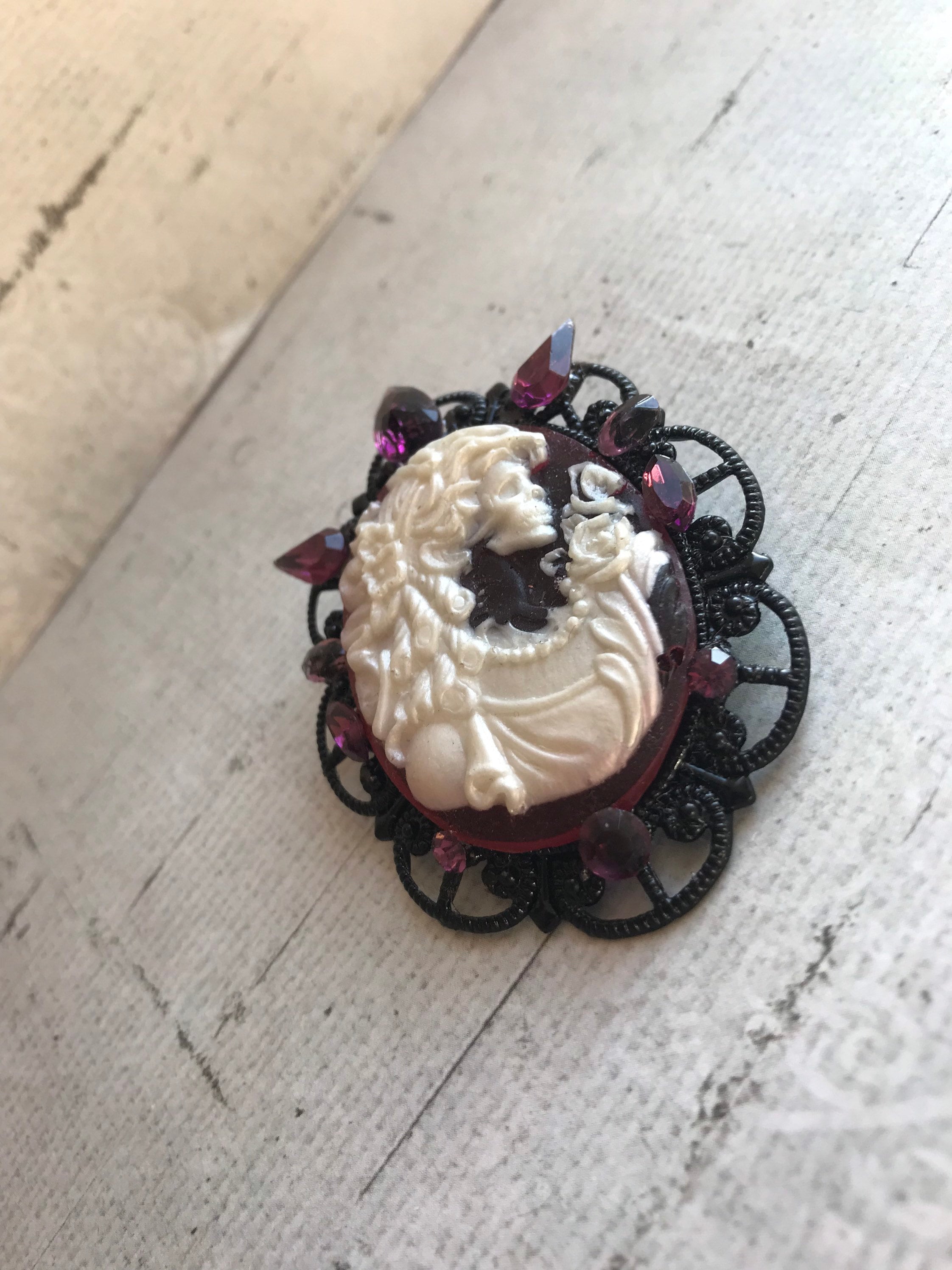 Gothic Brooch in Antique Brass With Skeleton Woman and Vintage - Etsy