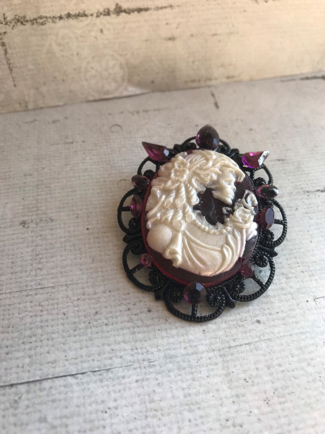 Gothic Brooch in Antique Brass With Skeleton Woman and Vintage - Etsy