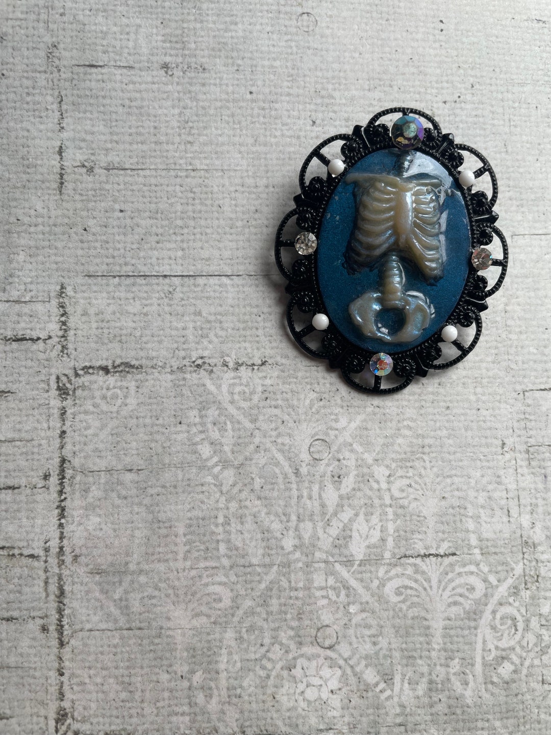 Black Gothic Brooch With Skeleton Torso in Iridescent Blue - Etsy