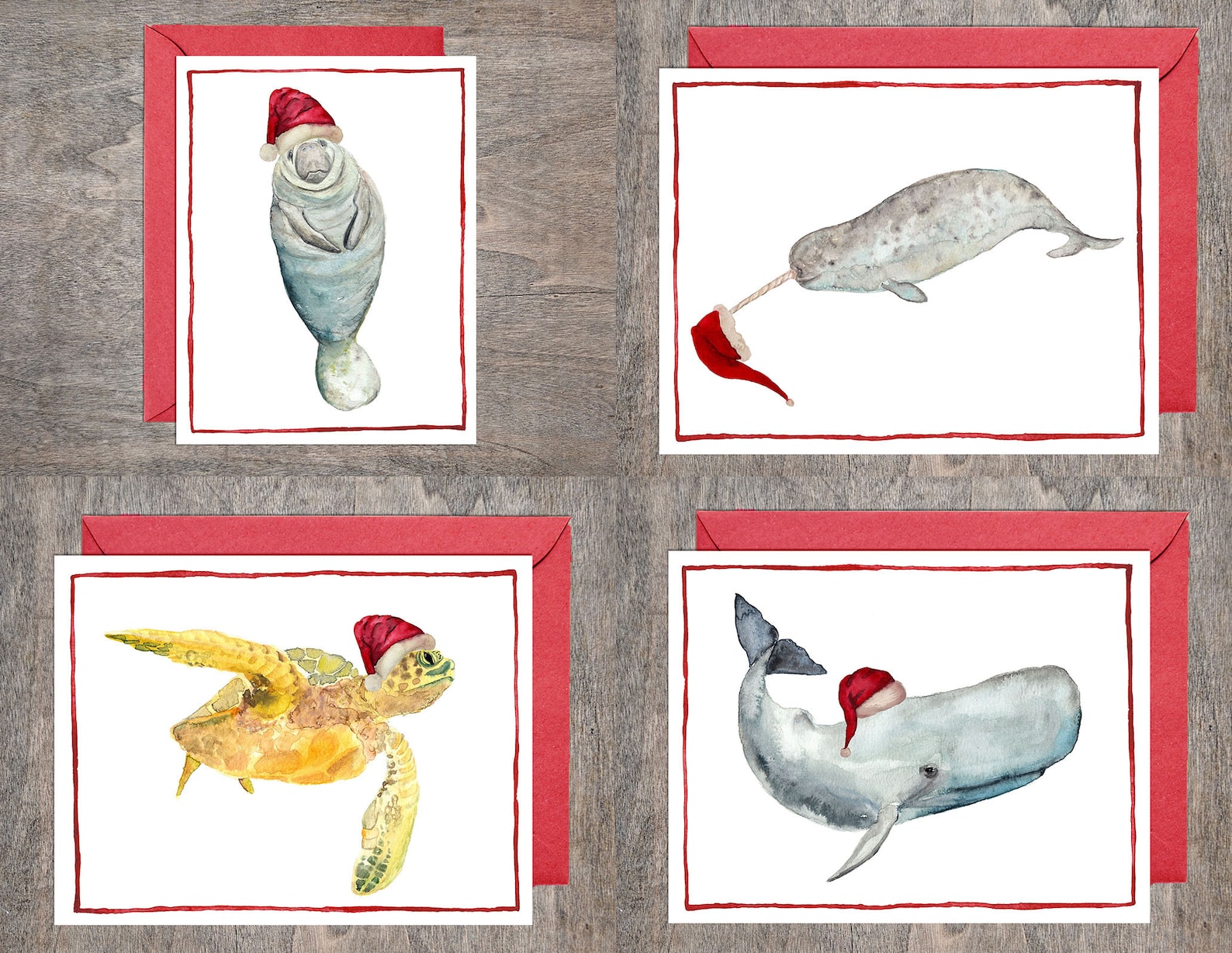 Ocean Christmas Card Set // Santa Sea Life Animals Cards // - Etsy