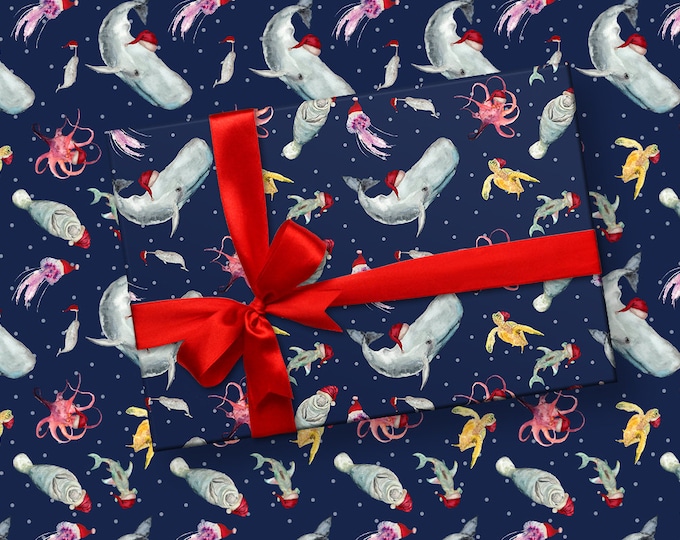 Christmas Animal Wrapping Paper // Ocean Sea Santa Gift Wrap // Unique ...