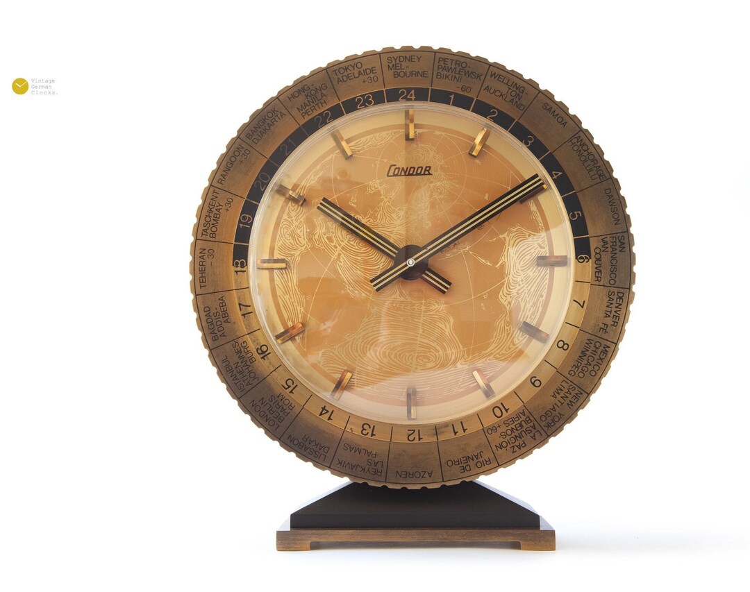 60s Brass World Time Clock Germany Condor Desk Table Mid Century Art ...