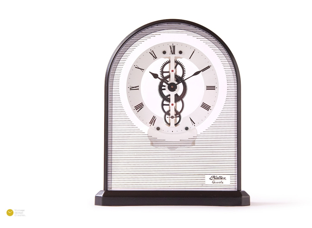 NOS Postmodern HALLER Skeleton Clock 1980s Lucent Brass Desk Table ...