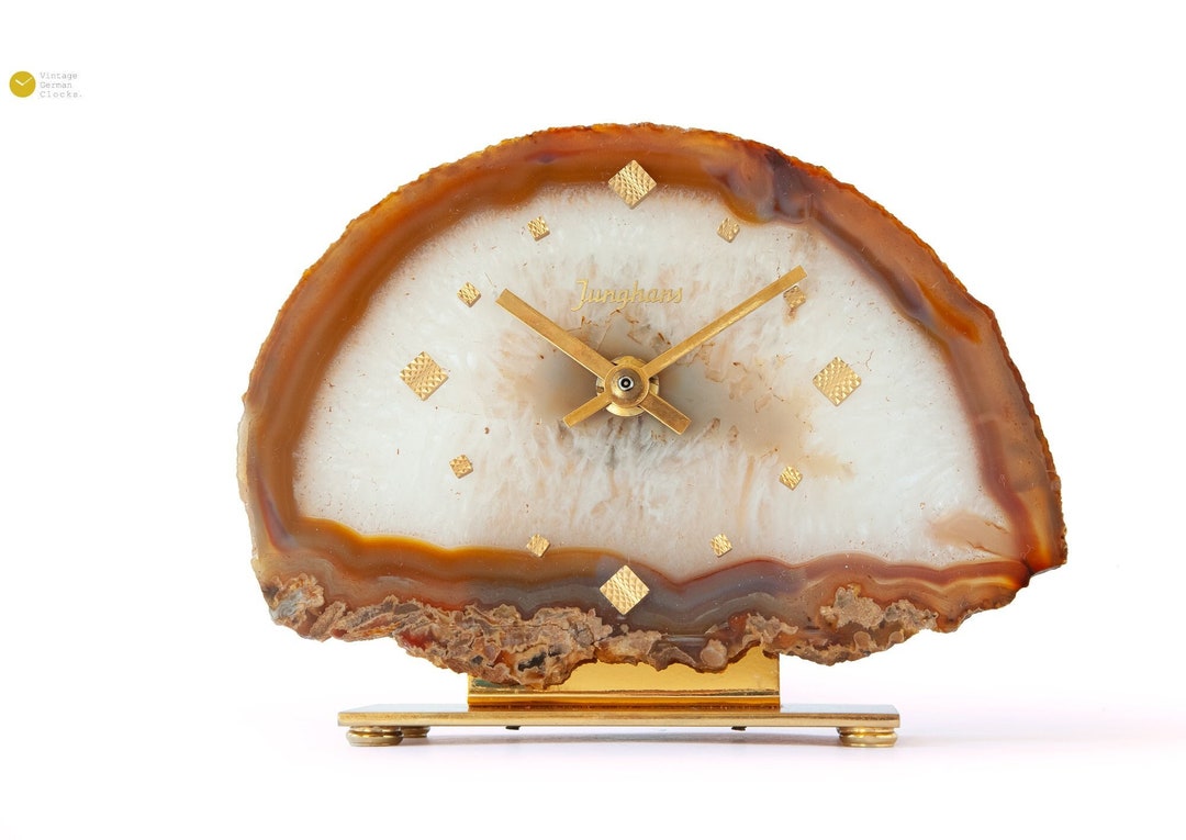 Gold Plated JUNGHANS Agate Stone Desk Clock Mid Century Art Deco Modern ...