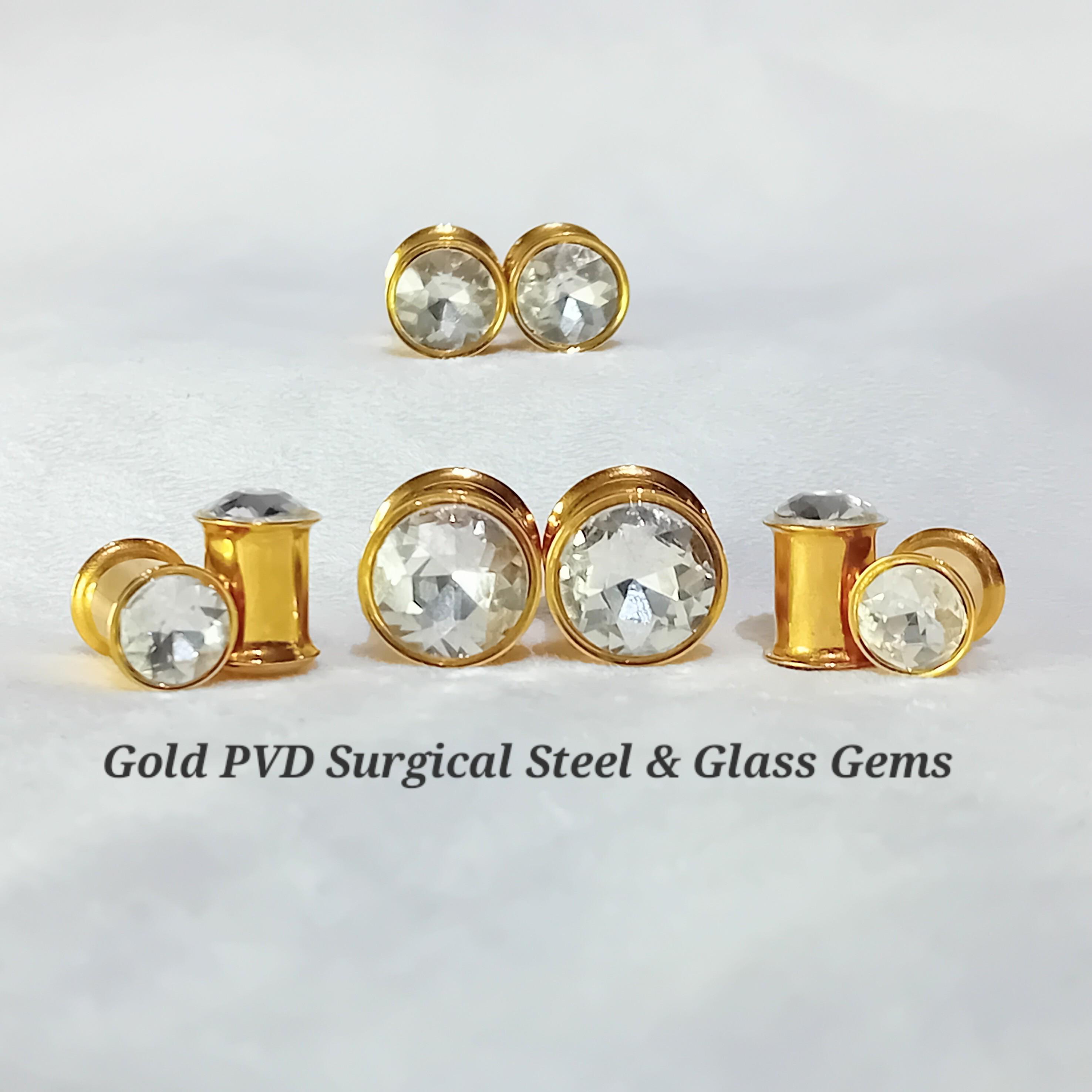 Gold Crystal Ear Gauges, Clear Glass Rhinestone Gem Stretchers, 8mm 0g ...