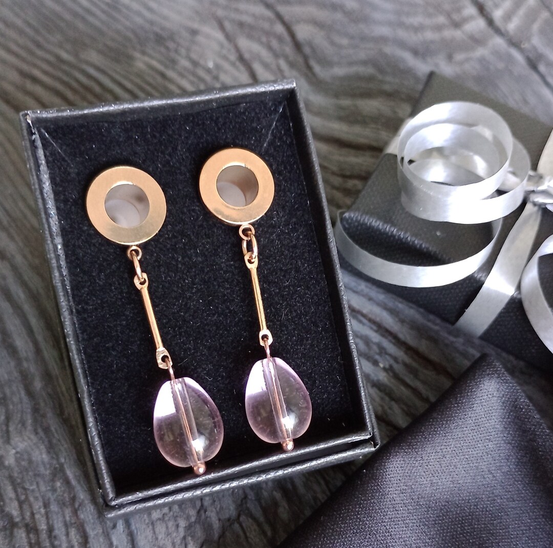 8mm Dangle Ear Tunnels Rose Gold 0g Minimalist Glass Bead Gauges 0 ...