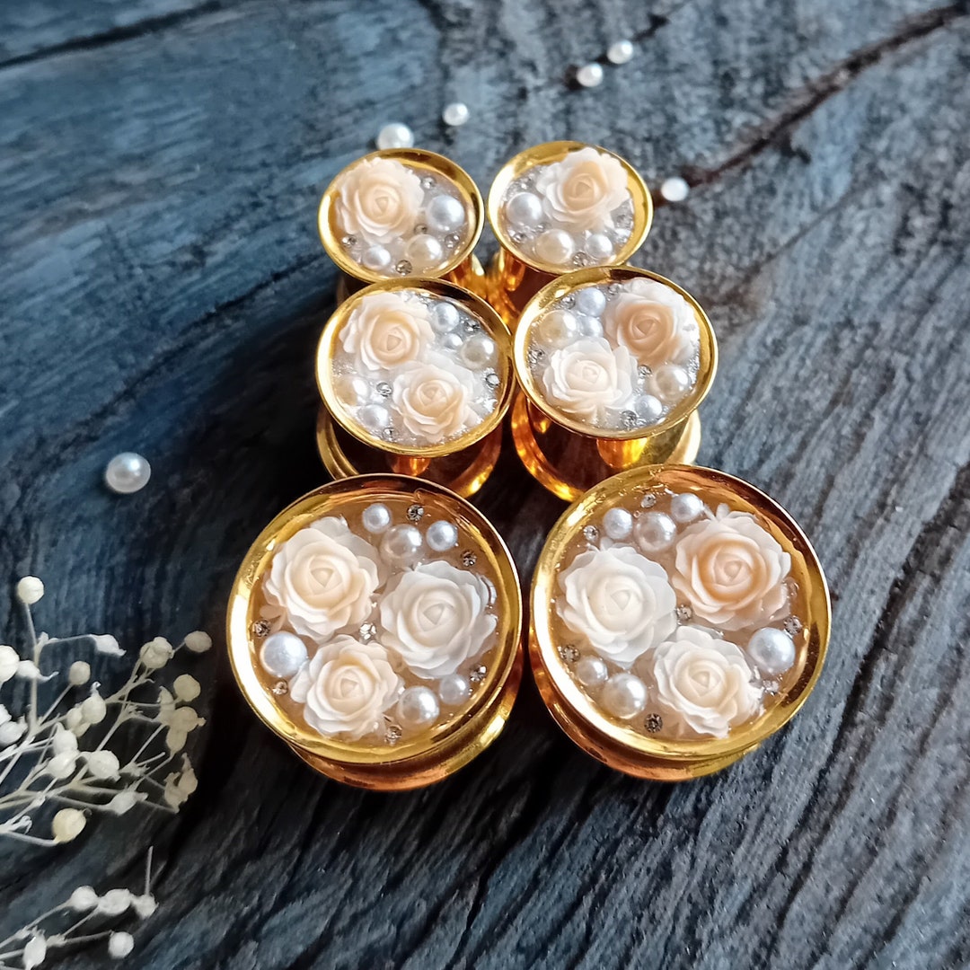 Gold Ear Gauges, Peach Rose Spacers, Flower Bridal Expanders, Pearl ...