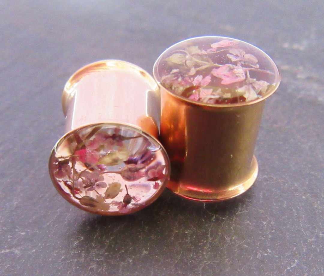 Rose Gold Plugs, Real Flower Pastel Wildflower Ear Tunnels, 8mm, 10mm ...