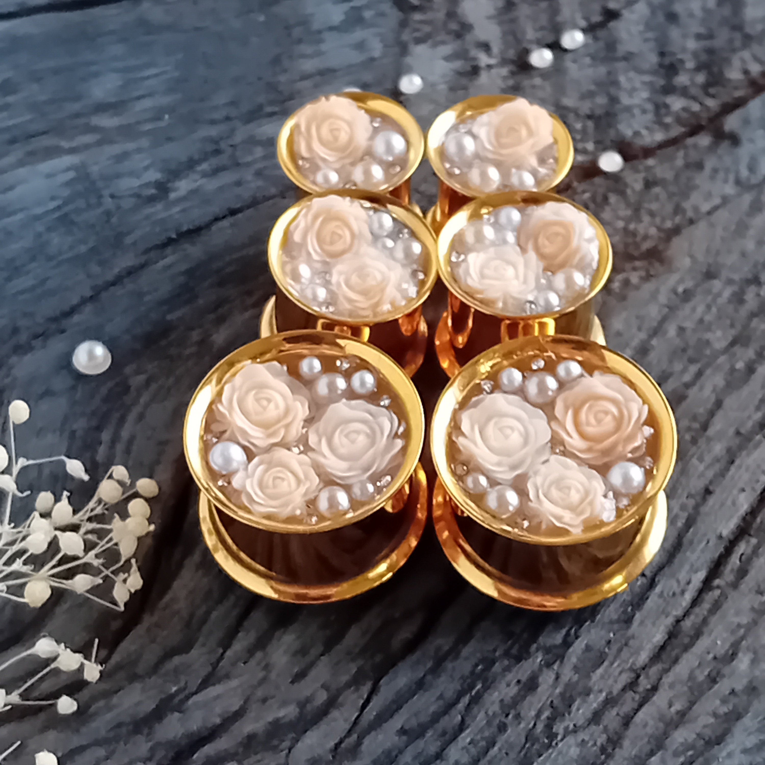 Gold Ear Gauges, Peach Rose Spacers, Flower Bridal Expanders, Pearl ...