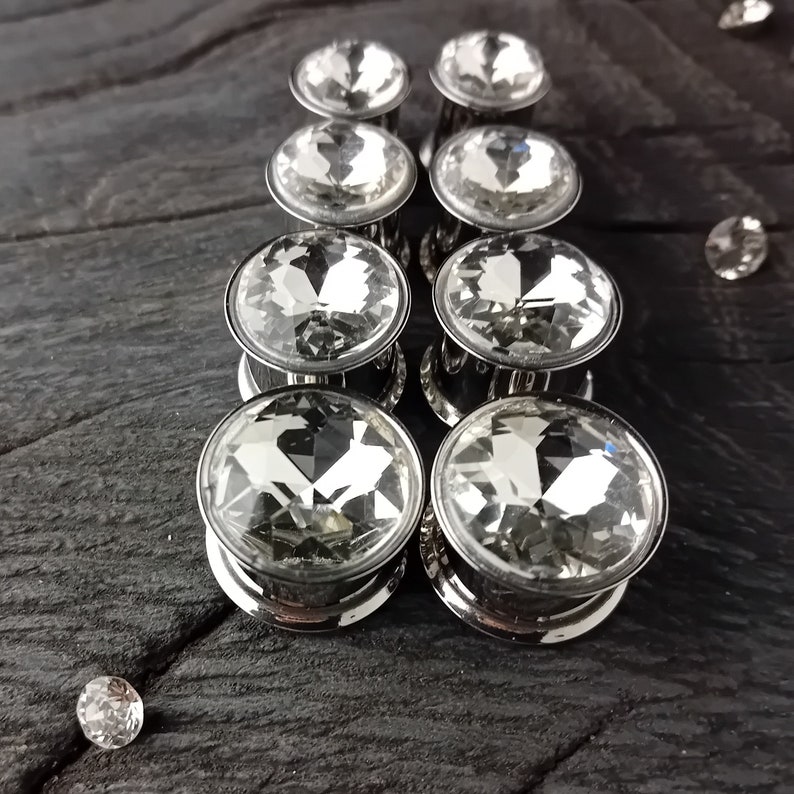 Diamond Effect Gauges 10mm + Glass Crystal Clear Gem Ear Plugs, Steel ...