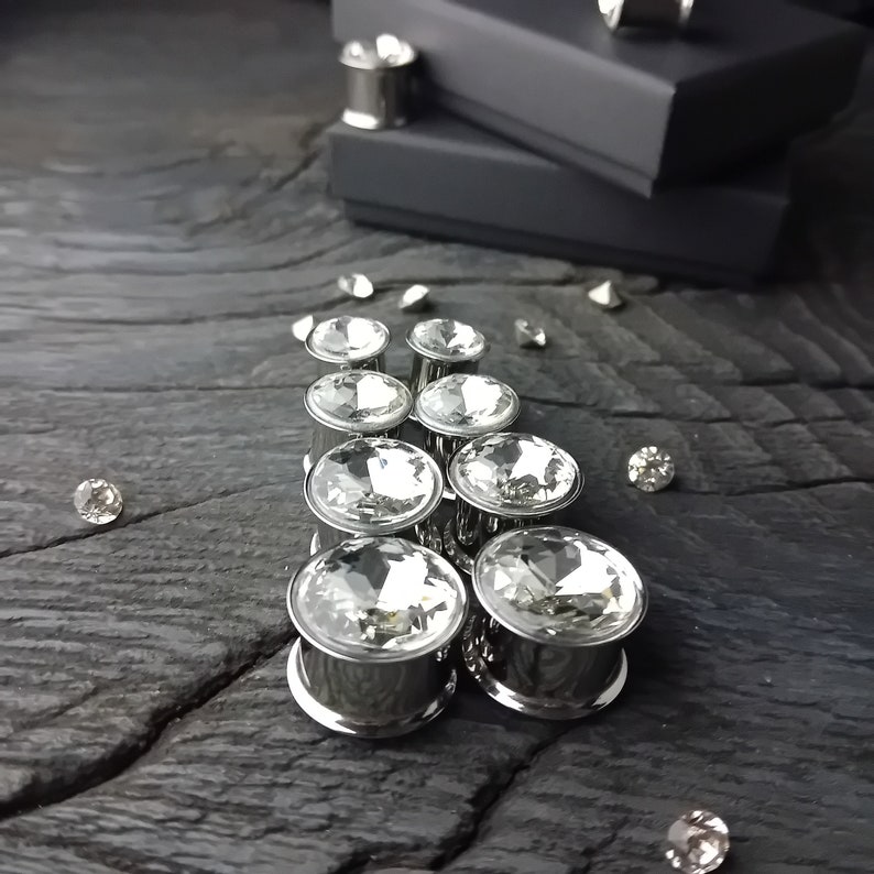 Diamond Effect Gauges 10mm + Glass Crystal Clear Gem Ear Plugs, Steel ...